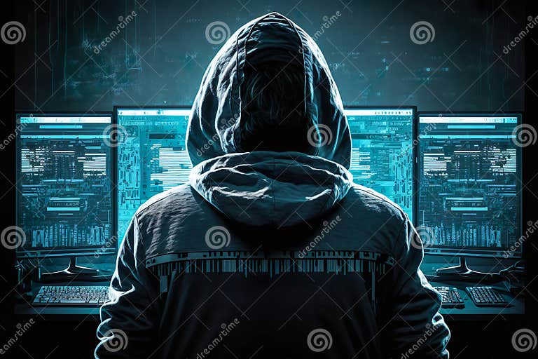 Cyber Criminal Hacking System Hacker At Monitors Back View