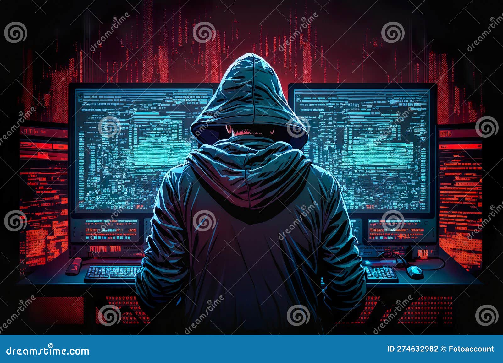 Cyber Criminal Hacking System, Hacker at Monitors Back View ... Cyber Criminal Hacking System, Hacker at Monitors Back View ...