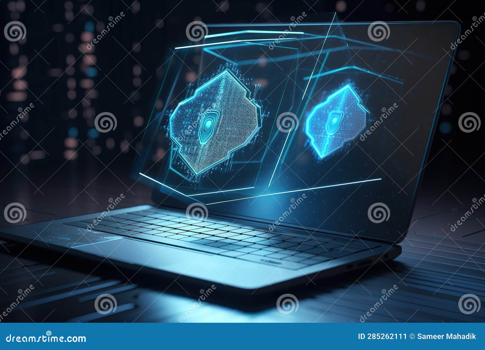 Cyber Cube with Blue Particles and Connecting Lines Inside a Laptop ...