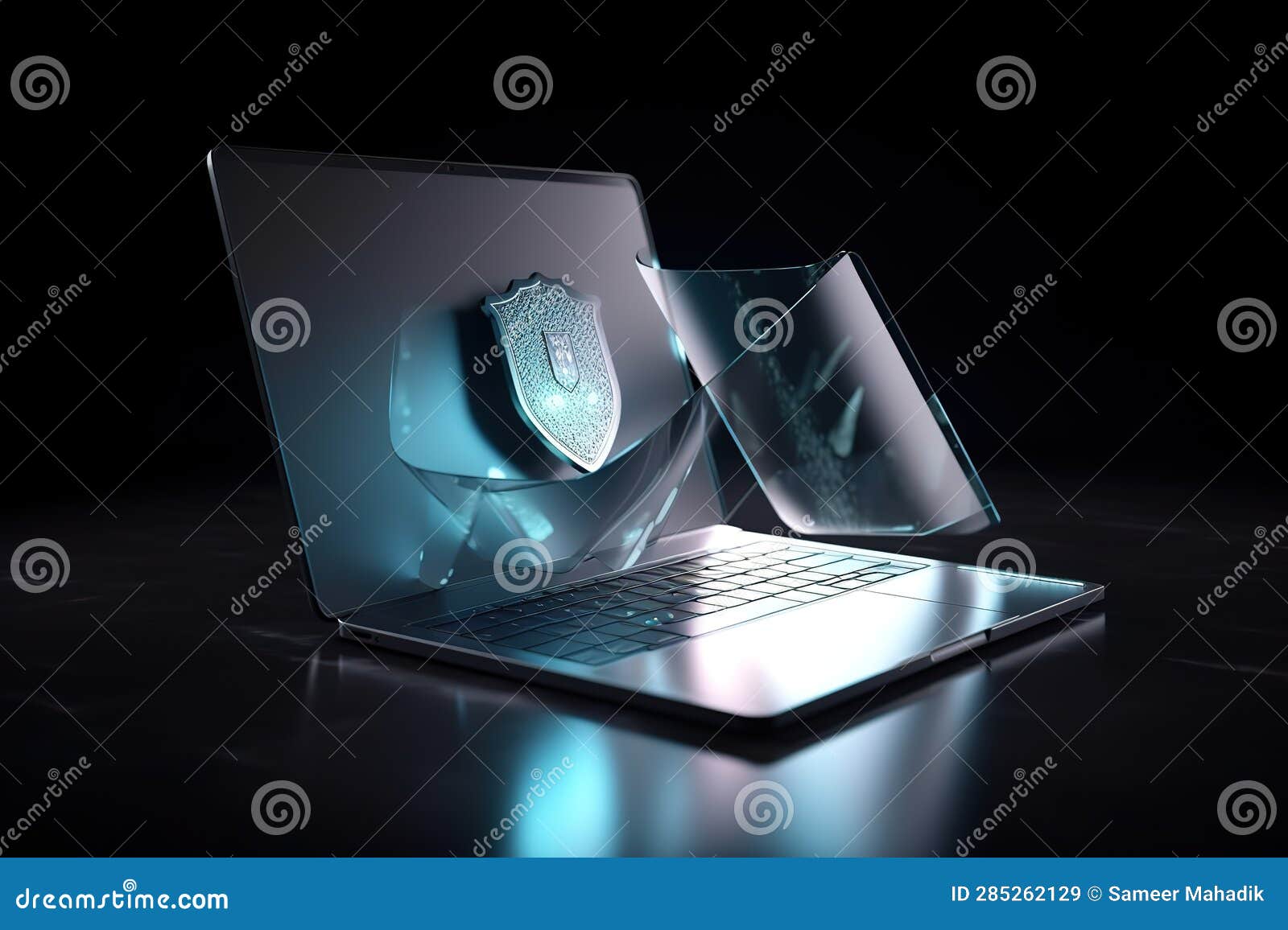 Cyber Cube with Blue Particles and Connecting Lines Inside a Laptop ...