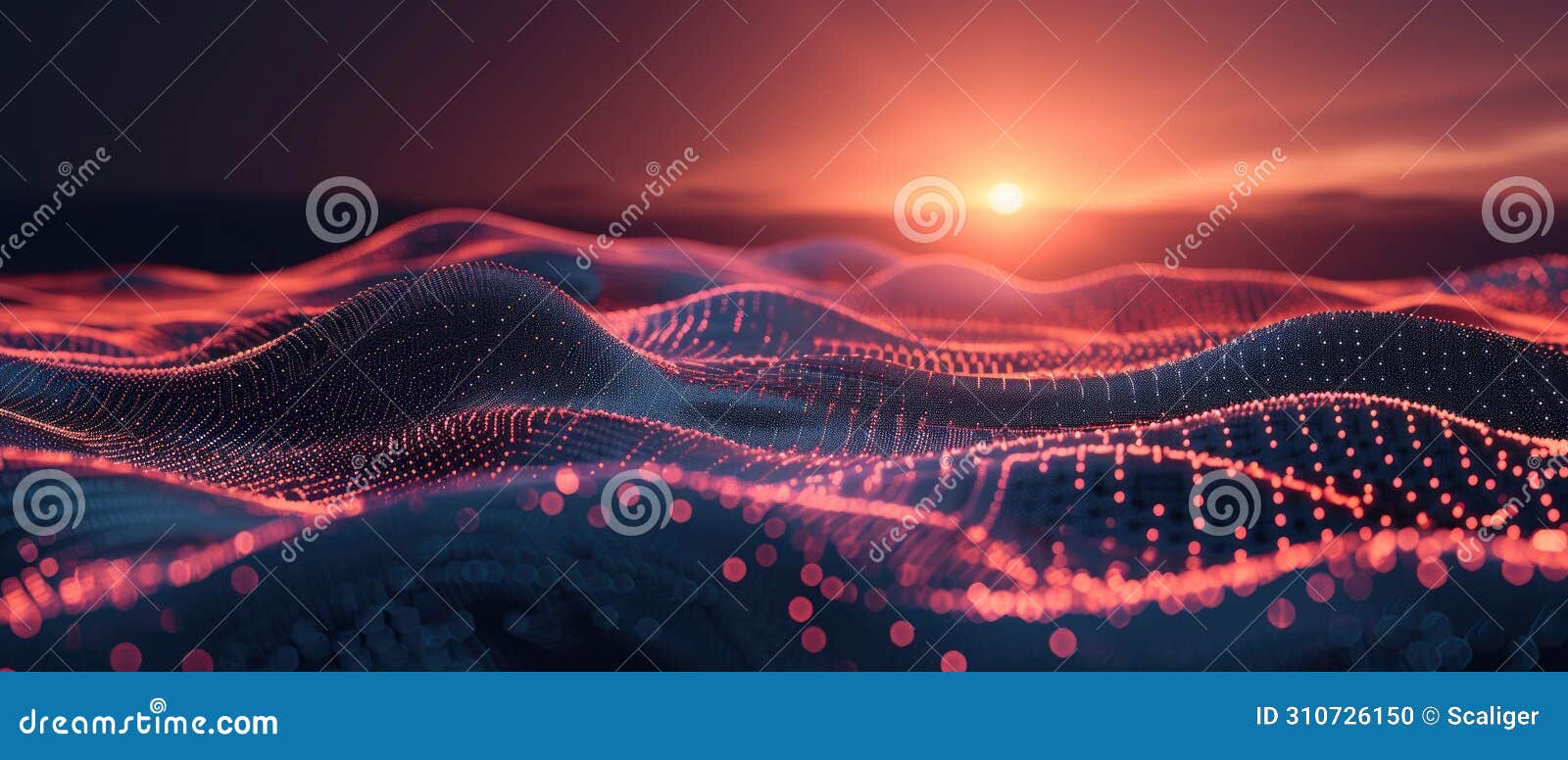Cyber Data Landscape at Sunset, Abstract Technology Background, Wavy ...