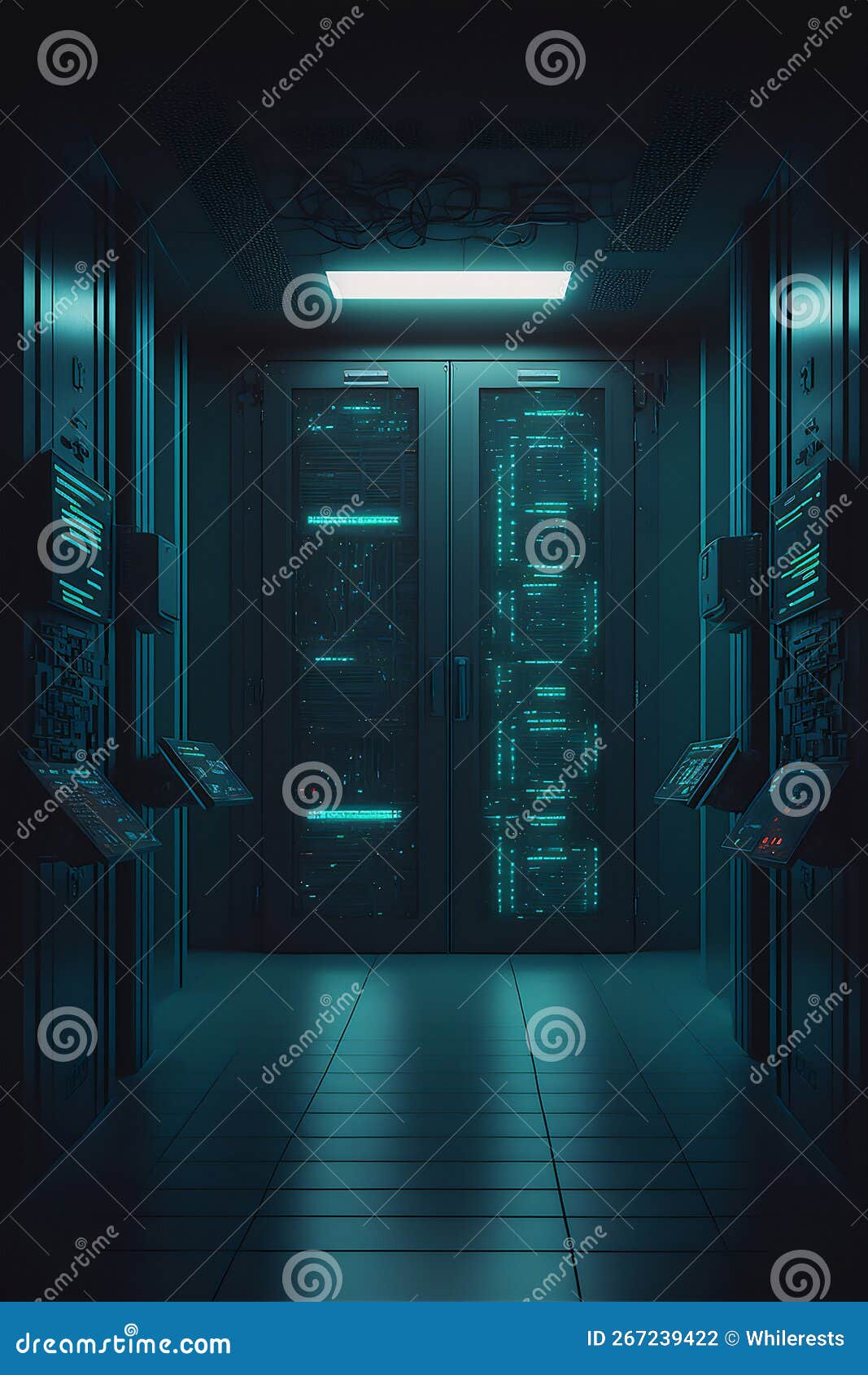 Cyber Data Server Racks Room with Big Data Computer Center. Blue ...