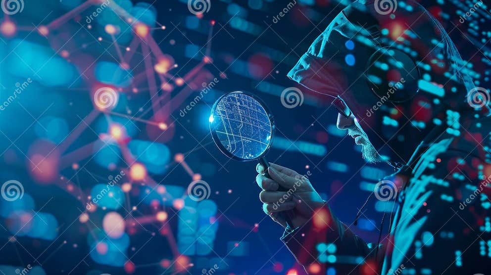 Cyber Detective Analyzing Data with Magnifying Glass Stock Image ...