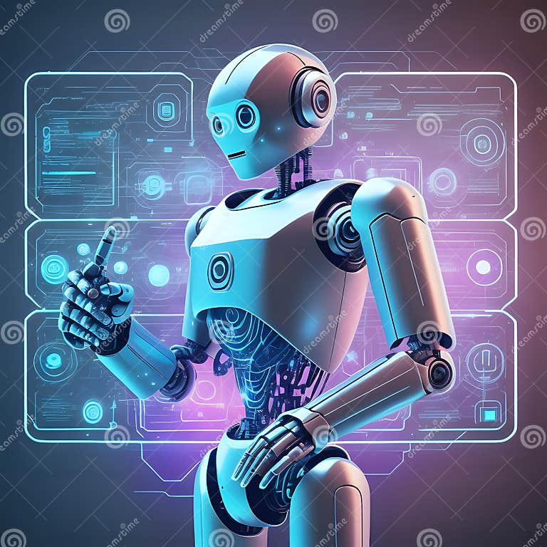 Cyber Digital World Android Robot Pointing Finger Computer Coding AI Chatbot Background ...