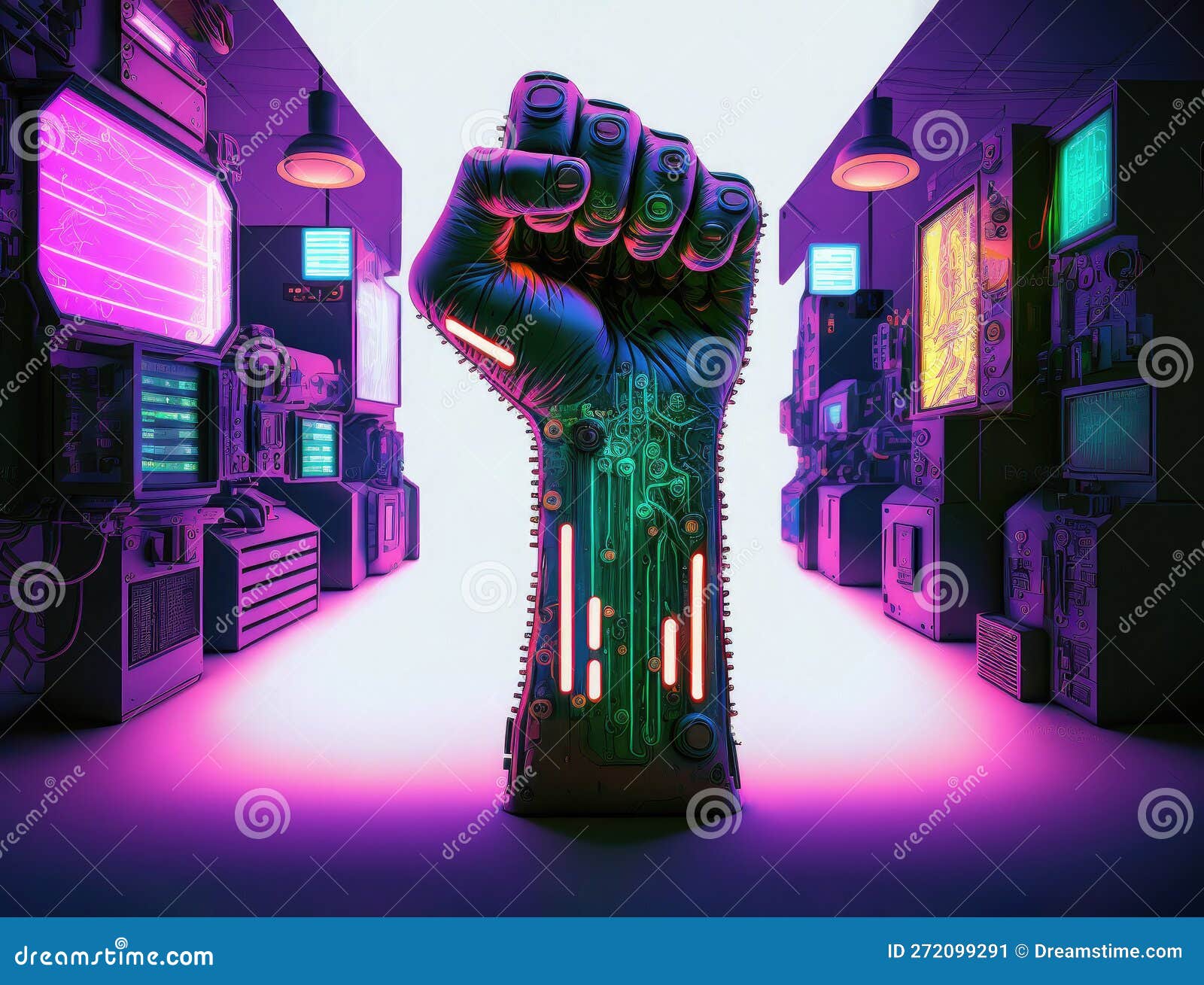 Cyber Fist Hand with Microchips and Microcircuitry on Neon Glowing Data ...