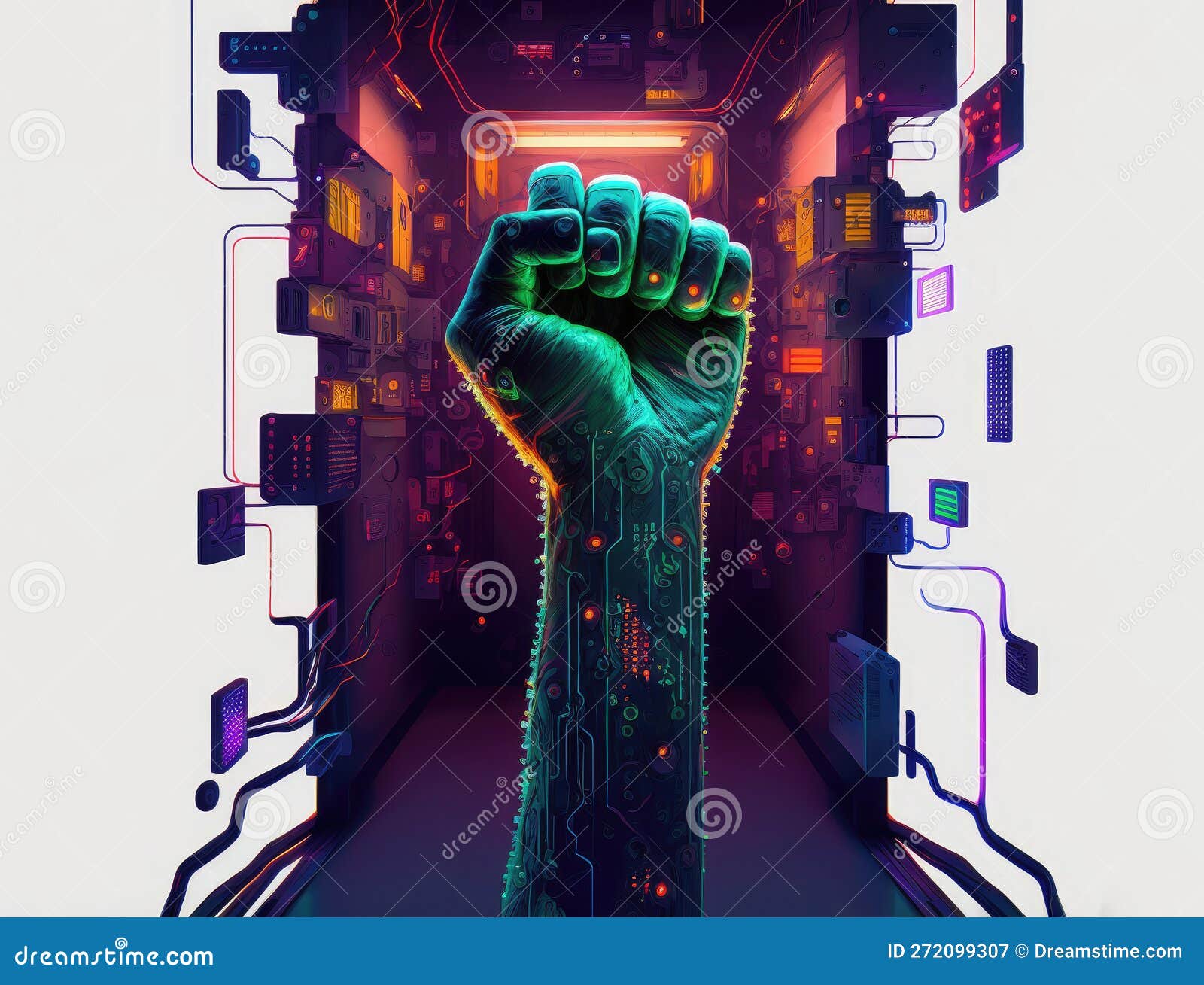 Cyber Fist Hand with Microchips and Microcircuitry on Neon Glowing Data ...