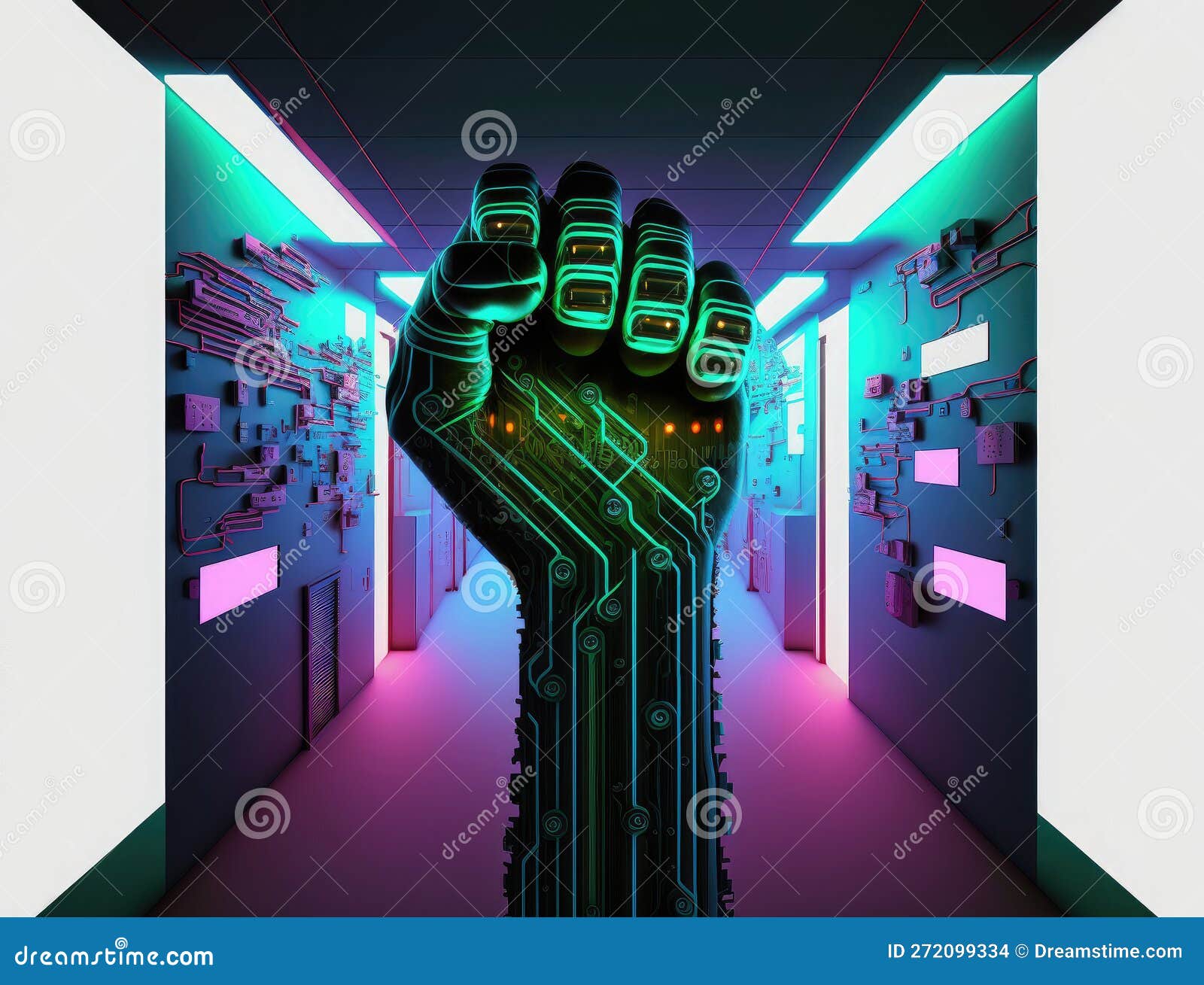 Cyber Fist Hand with Microchips and Microcircuitry on Neon Glowing Data ...
