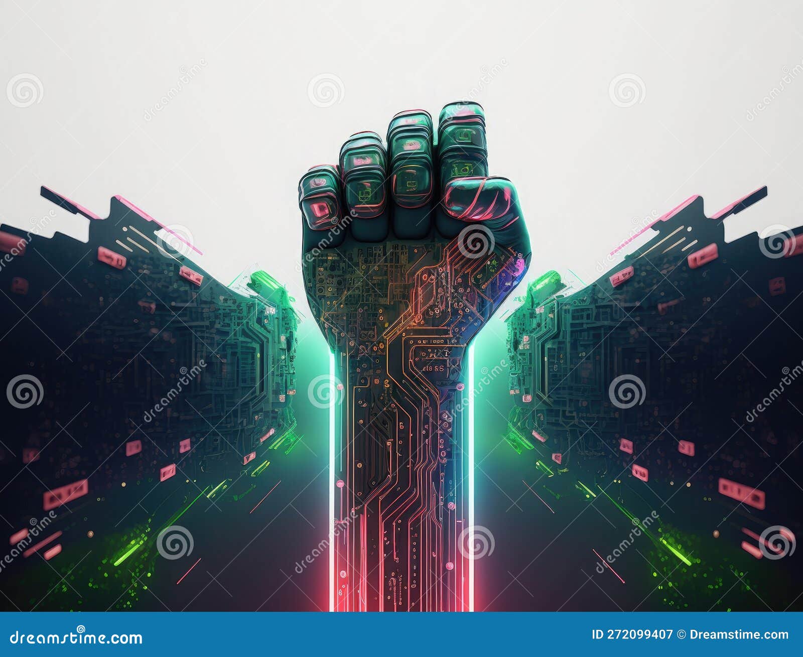 Cyber Fist Hand with Microchips and Microcircuitry on Neon Glowing Data ...