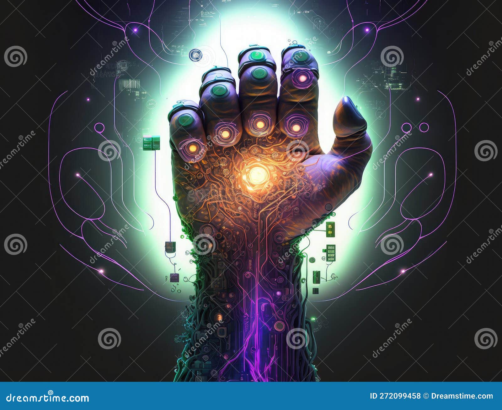 Cyber Fist Hand with Microchips and Microcircuitry on Neon Glowing Data ...