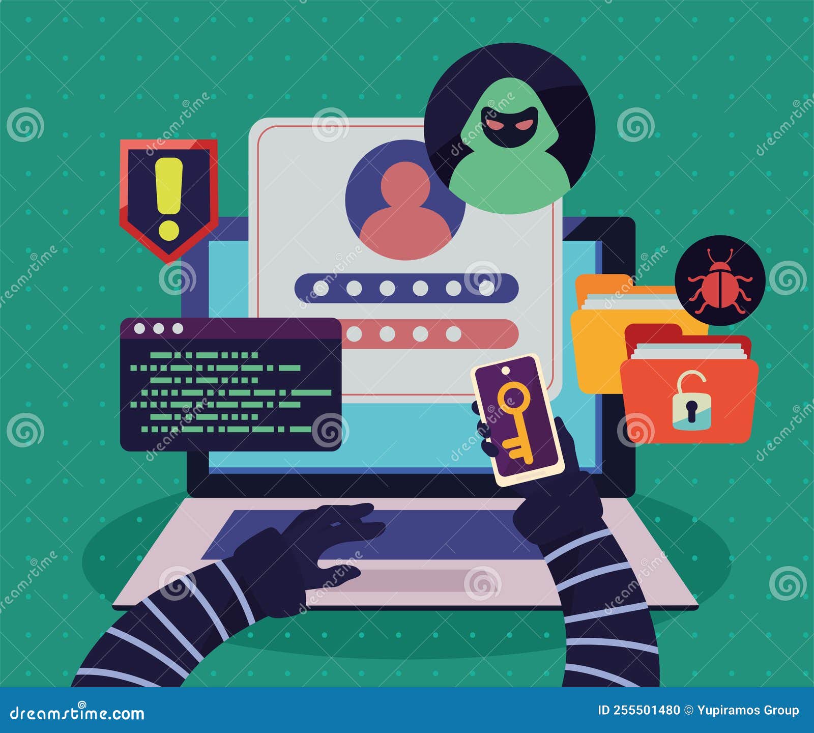 Cyber-fraude avec piratage illustration de vecteur. Illustration du ...