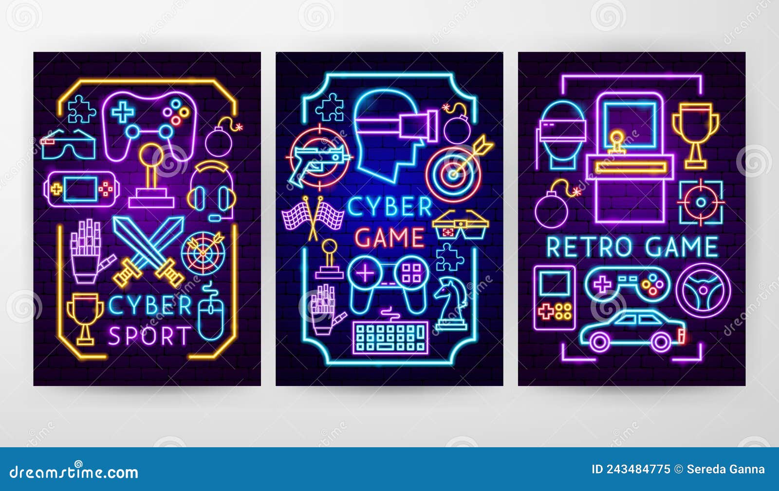 Cyber Game Neon Flyers stock vector. Illustration of championship ...