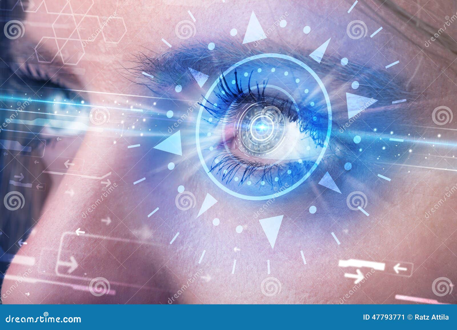 Cyber Girl with Technolgy Eye Looking into Blue Iris Stock Illustration ...