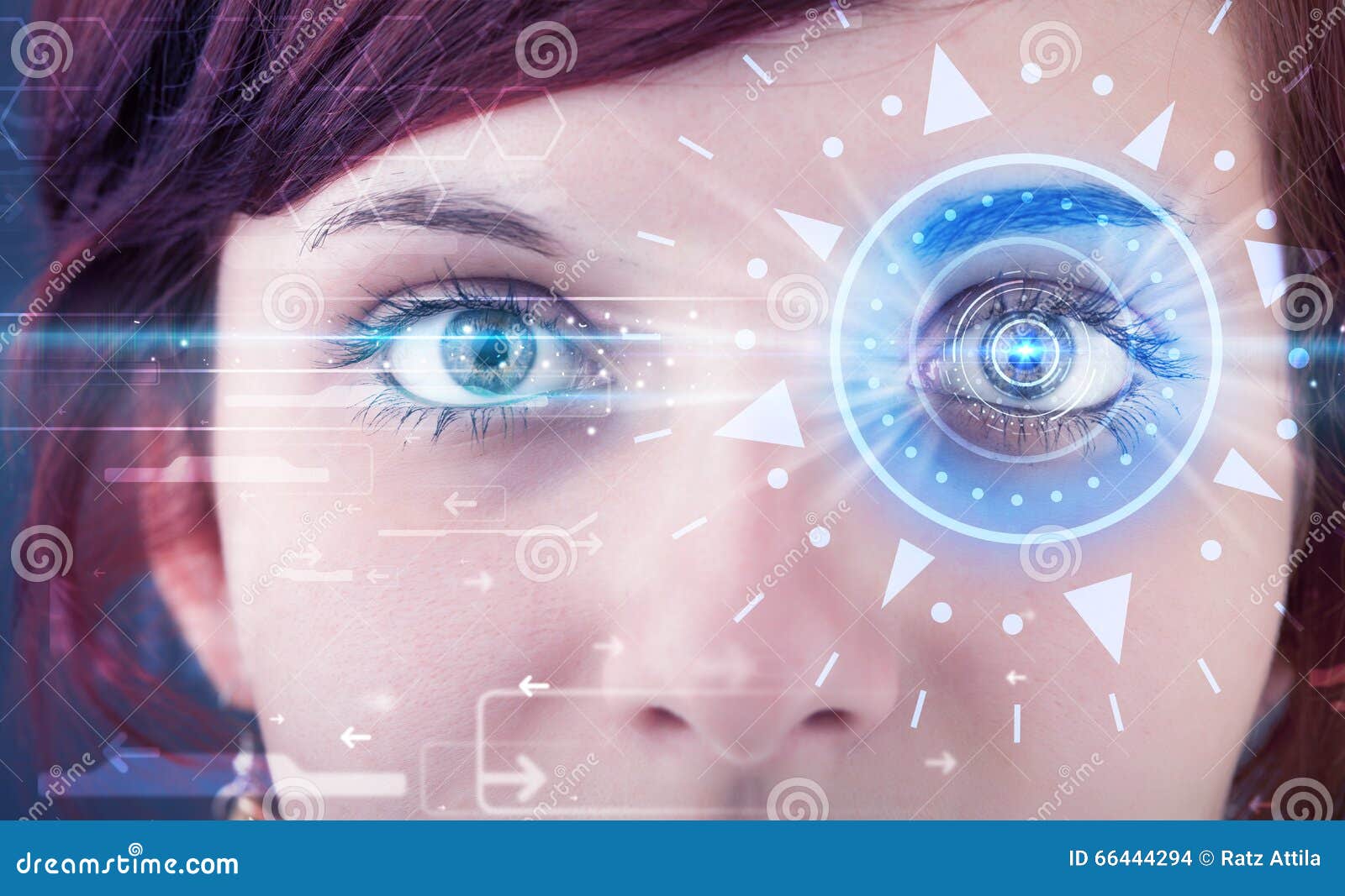 Cyber Girl with Technolgy Eye Looking into Blue Iris Stock Photo ...
