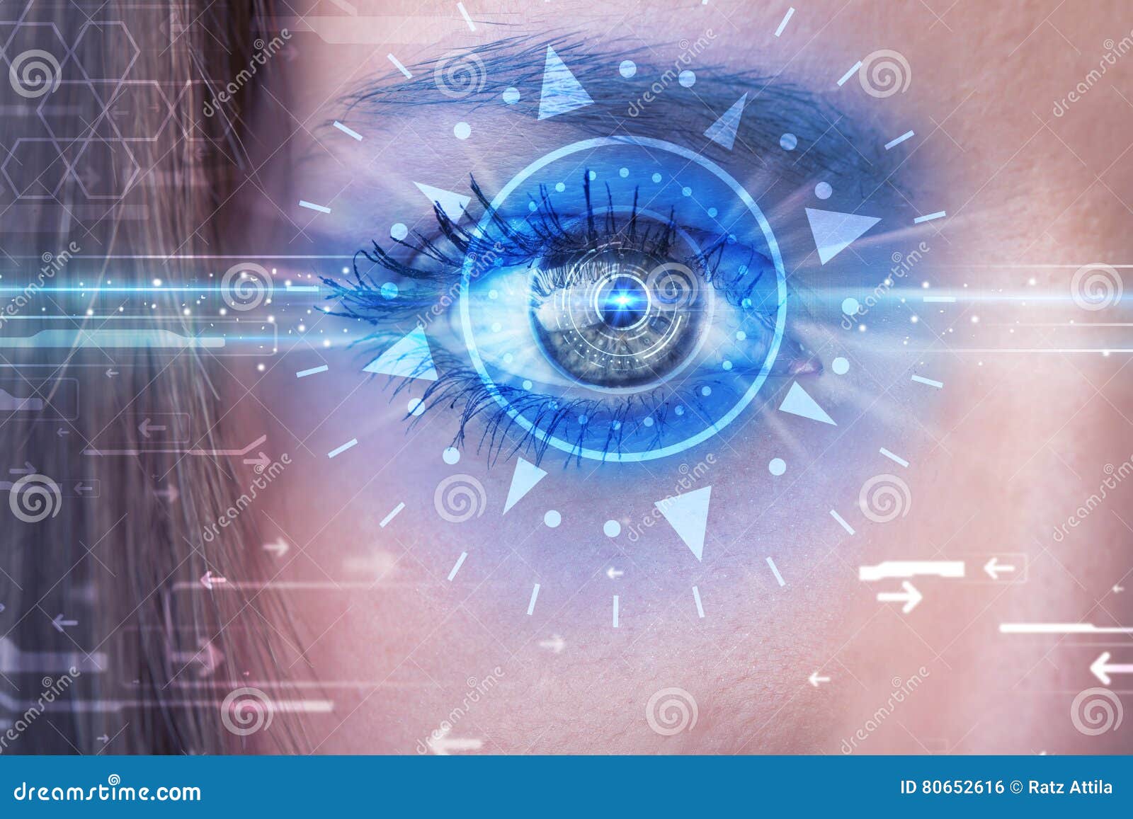 Cyber Girl with Technolgy Eye Looking into Blue Iris Stock Photo ...
