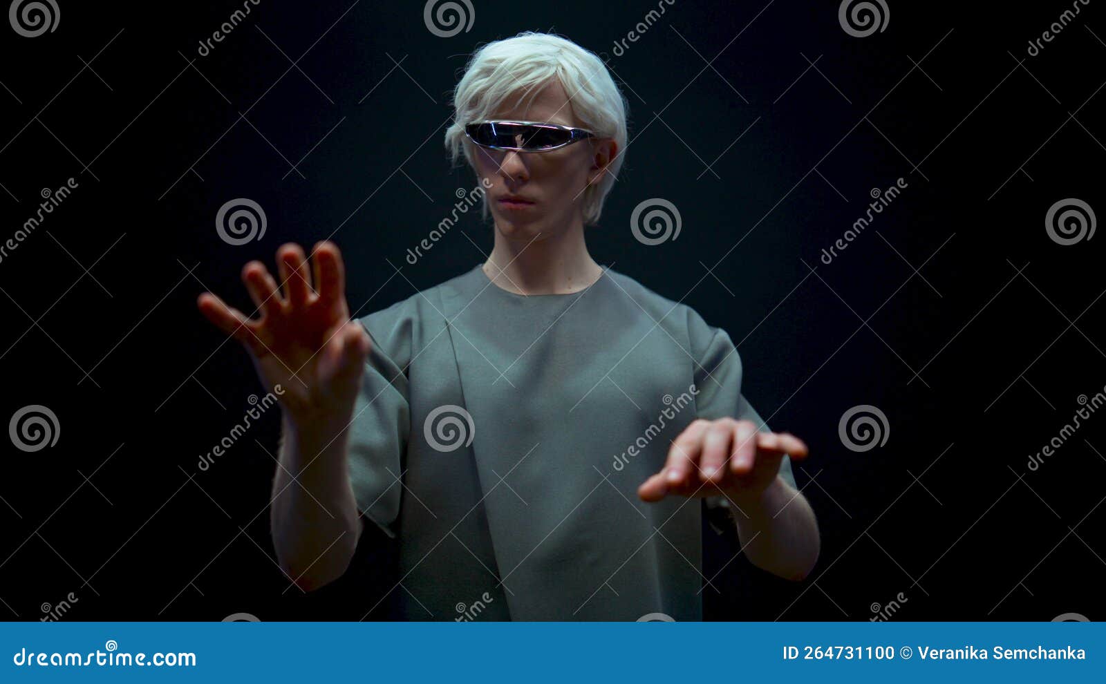 Cyber Guy Typing Virtual Reality Glasses Closeup. Metaverse Man ...