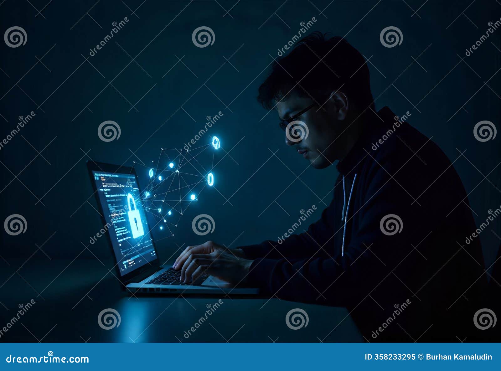 Cyber Hacker Using Laptop with Holographic Encryption Stock ...