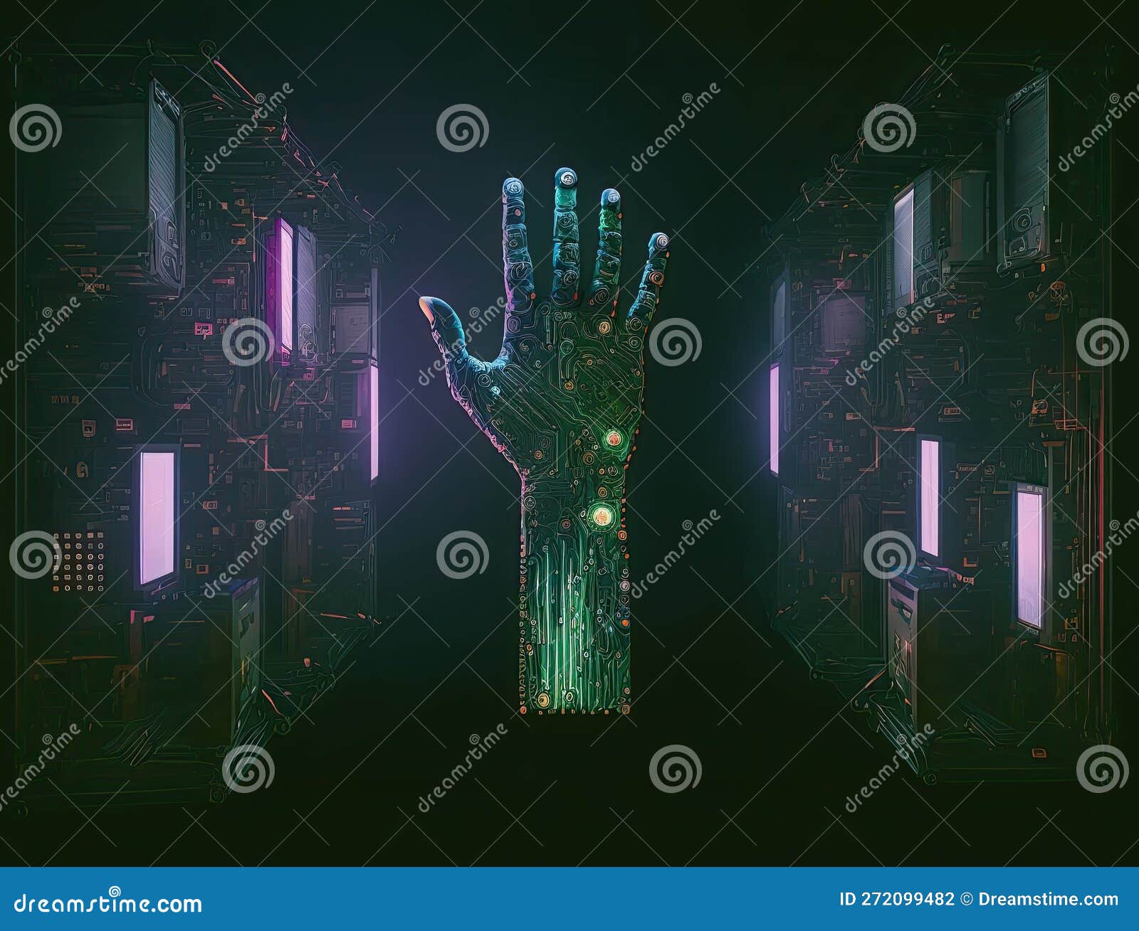 Cyber Hand with Microchips and Microcircuitry on Neon Glowing Data ...