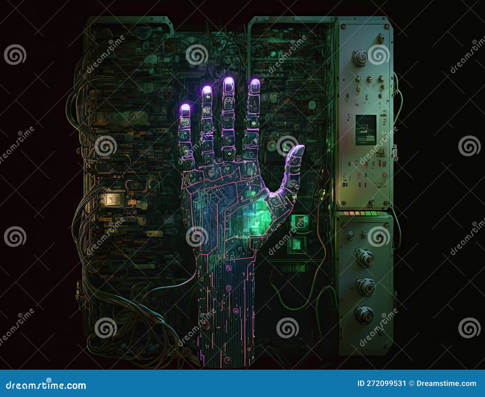 Cyber Hand with Microchips and Microcircuitry on Neon Glowing Data ...
