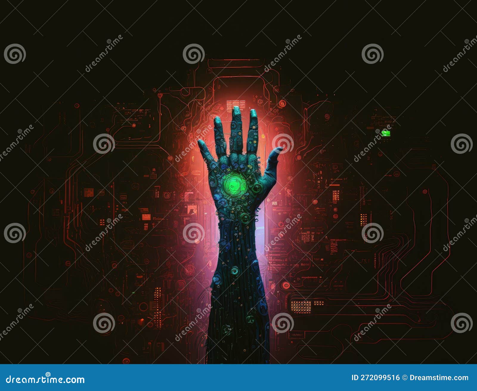 Cyber Hand with Microchips and Microcircuitry Neon Glowing, Reliable ...
