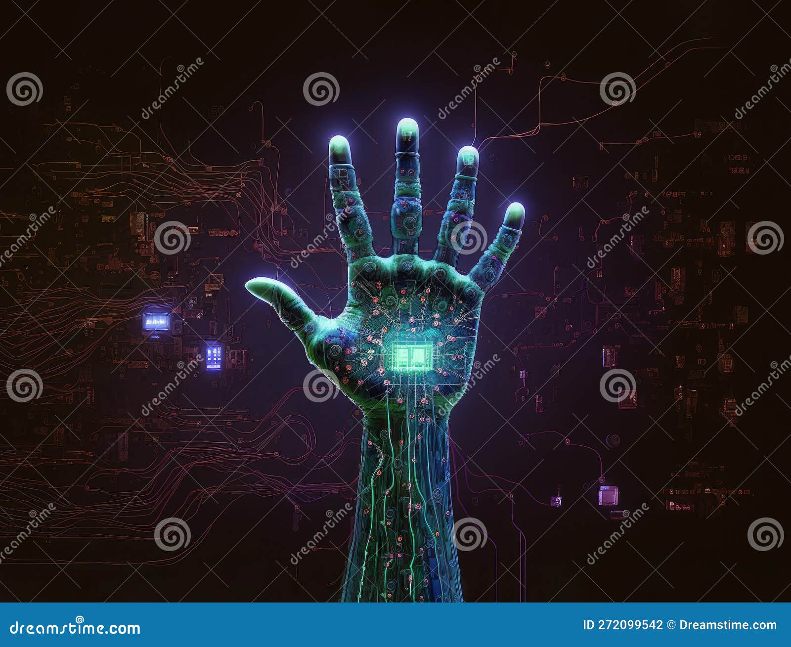 Cyber Hand with Microchips and Microcircuitry Neon Glowing, Reliable ...