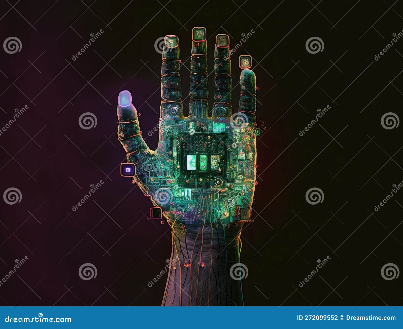 Cyber Hand with Microchips and Microcircuitry Neon Glowing, Reliable ...