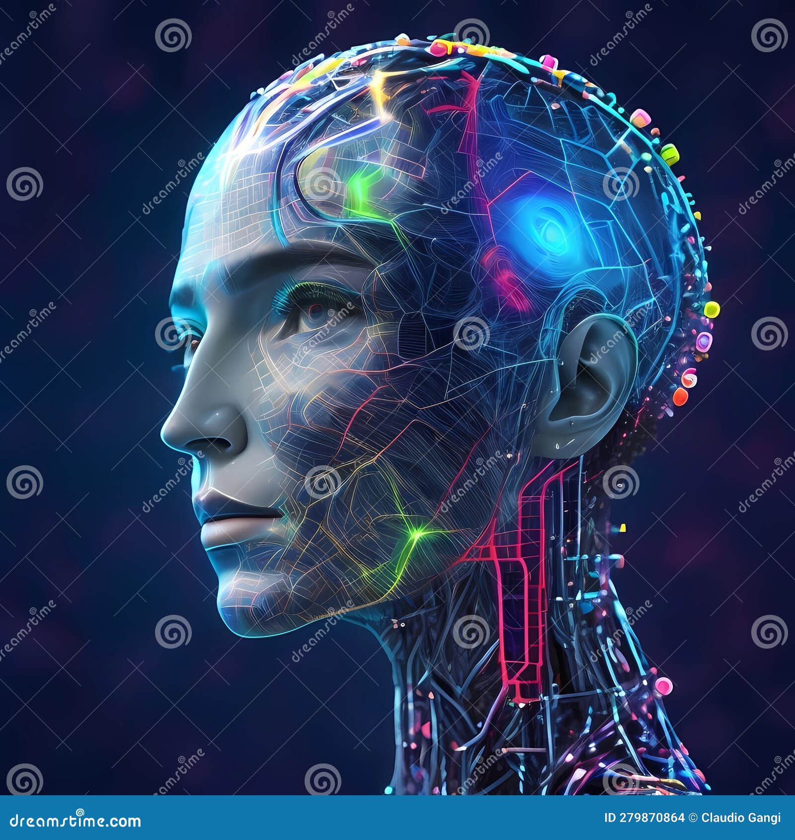 Cyber Heah Colorful Brain with Wire and Cable Stock Illustration ...