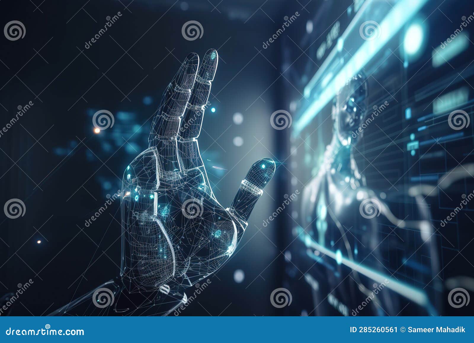 Cyber Human Hands with Blue Small Particles and Connecting Lines ...