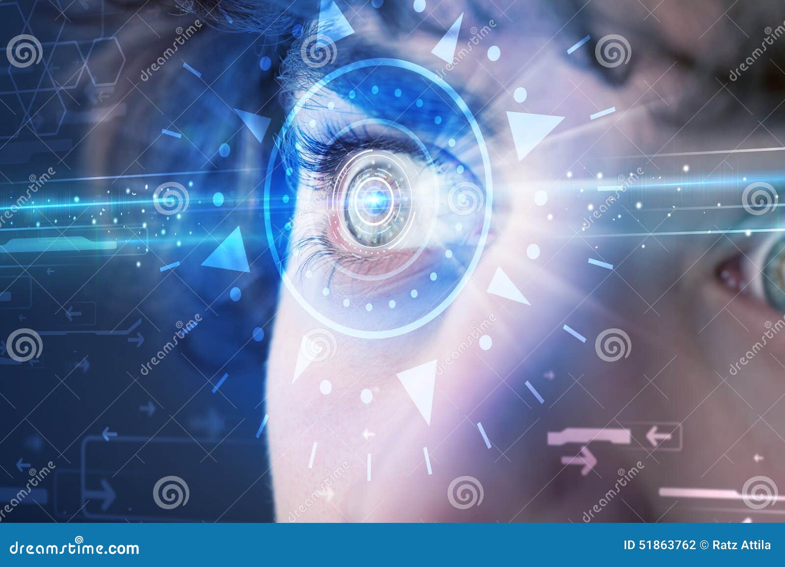 Cyber Man with Technolgy Eye Looking into Blue Iris Stock Illustration ...