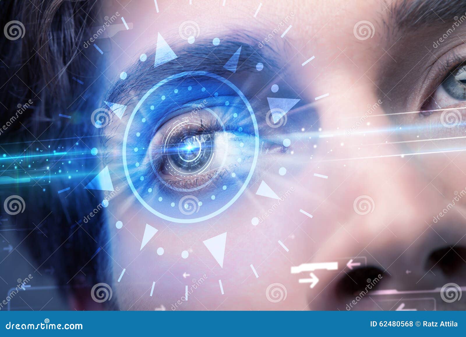 Cyber Man with Technolgy Eye Looking into Blue Iris Stock Photo - Image ...