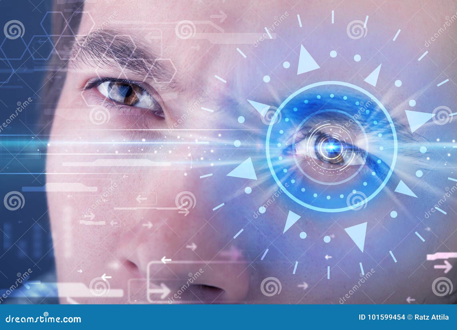 Cyber Man with Technolgy Eye Looking into Blue Iris Stock Illustration ...