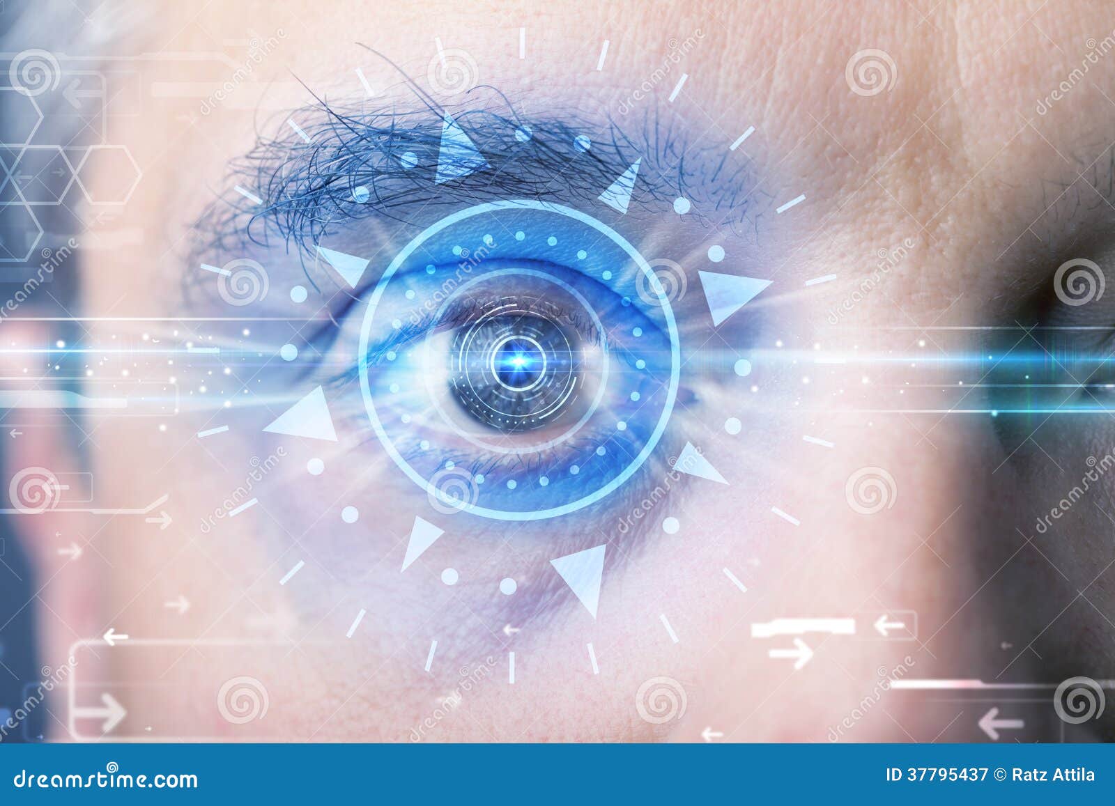 Cyber Man with Technolgy Eye Looking into Blue Stock Image - Image of ...