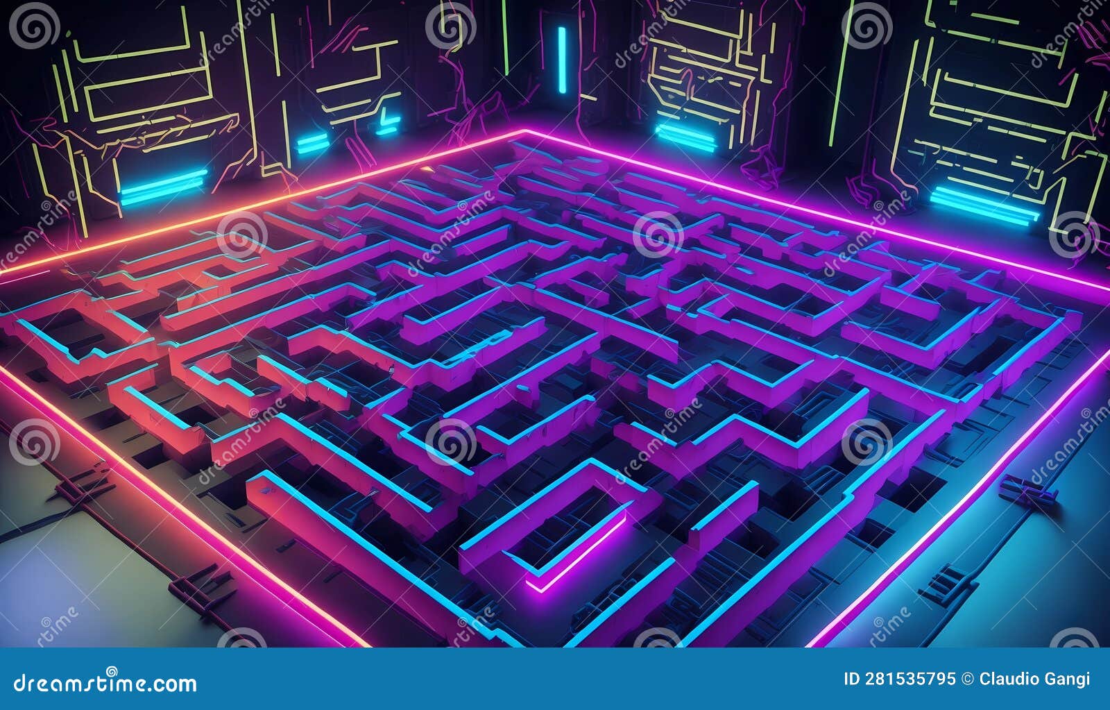 Cyber Maze with Neon Lights View Stock Illustration - Illustration of ...