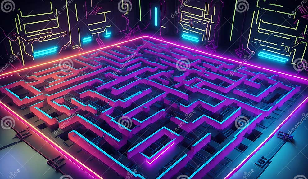 Cyber Maze with Neon Lights View Stock Illustration - Illustration of ...
