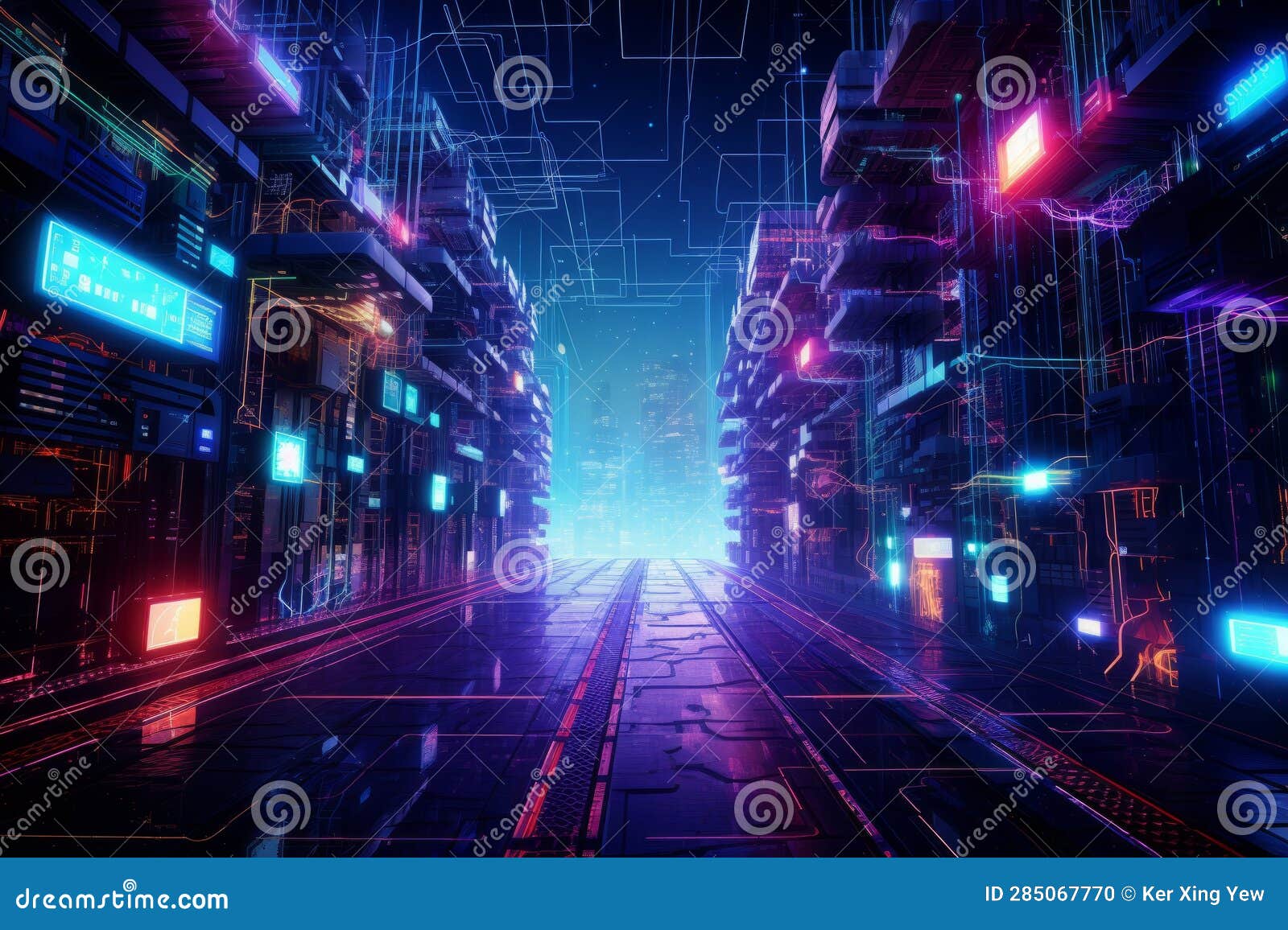Cyber Network with Bright Neon Lights Stock Illustration - Illustration ...