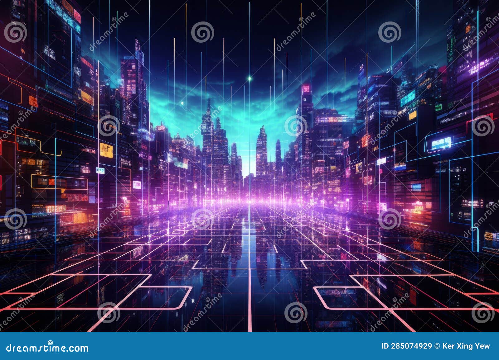 Cyber Network with Bright Neon Lights Stock Illustration - Illustration ...