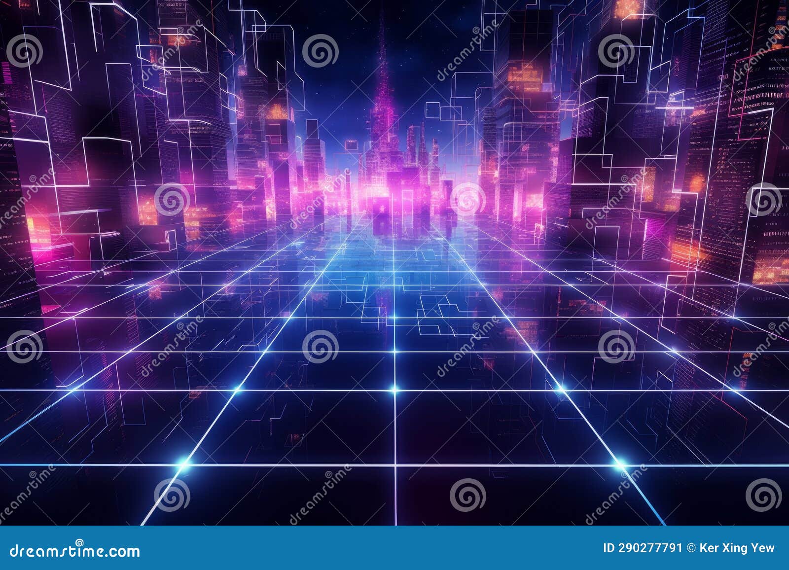 Cyber Network with Bright Neon Lights Stock Illustration - Illustration ...