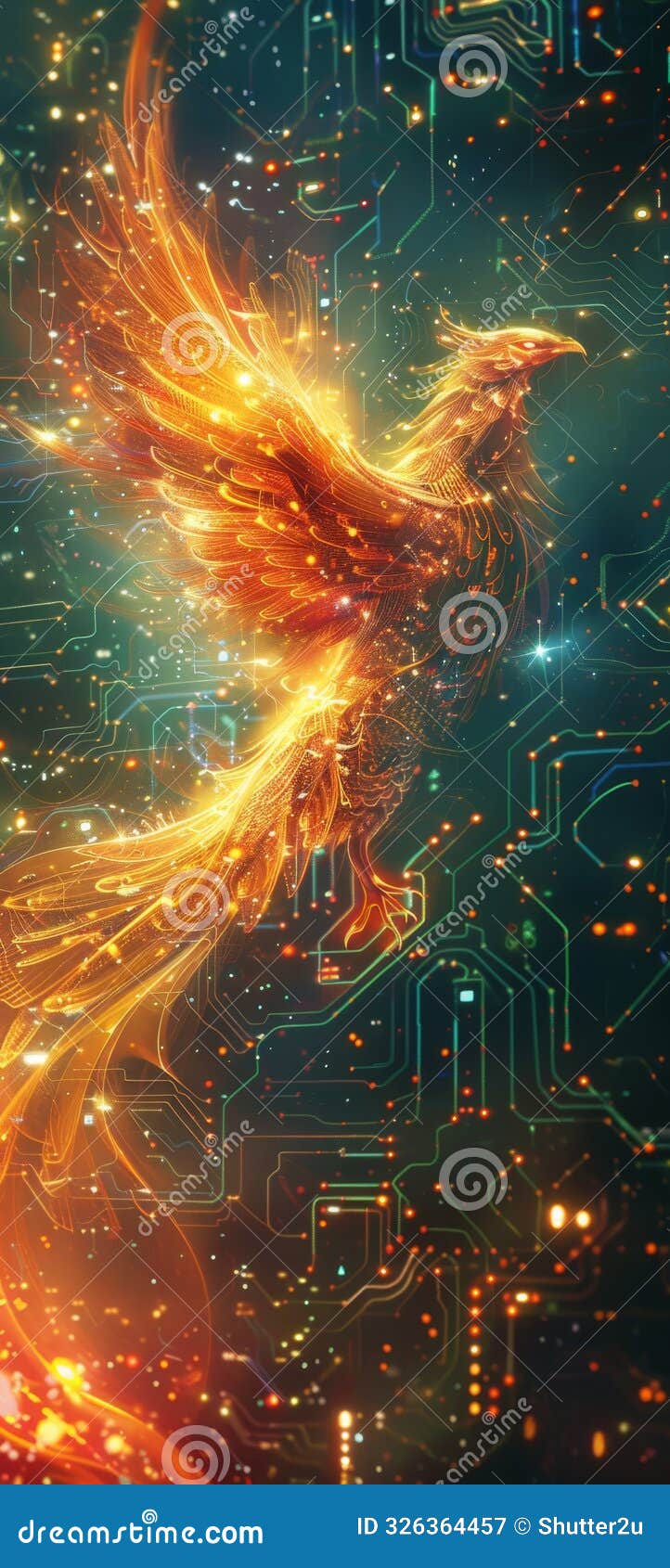 A Cyber Phoenix Rises Emerging from a Circuit Board Its Form Made of ...