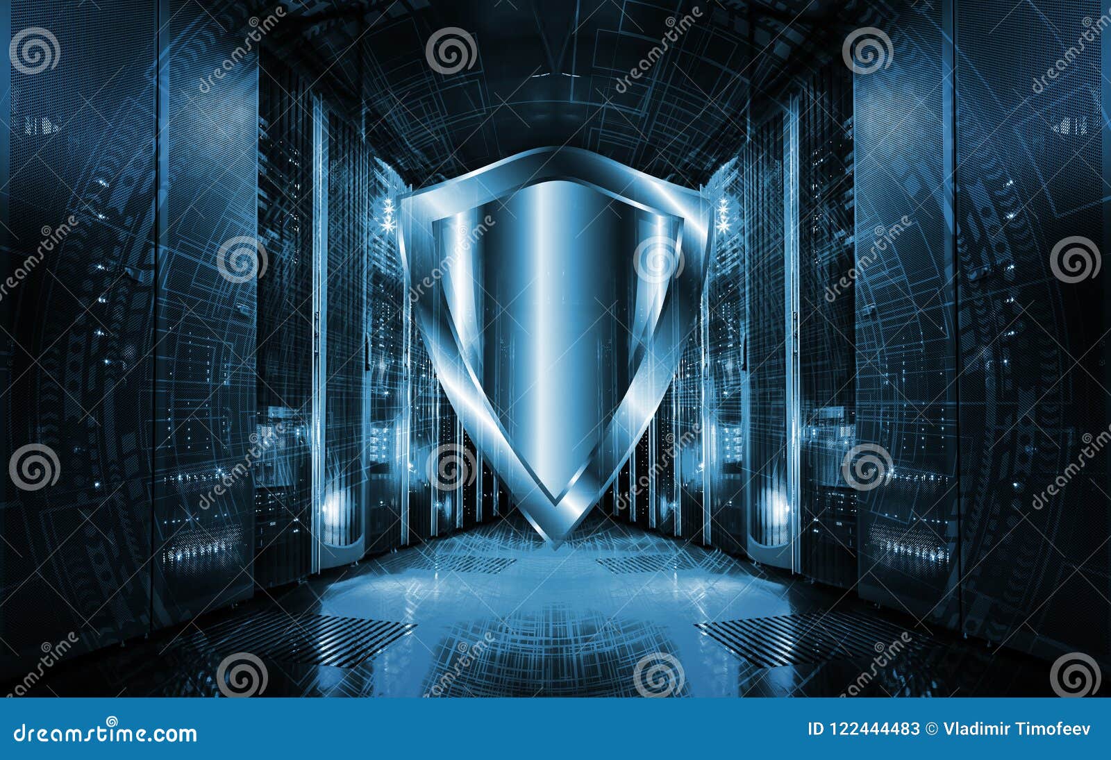 Cyber Protection Shield Icon on Server Room Background. Information ...