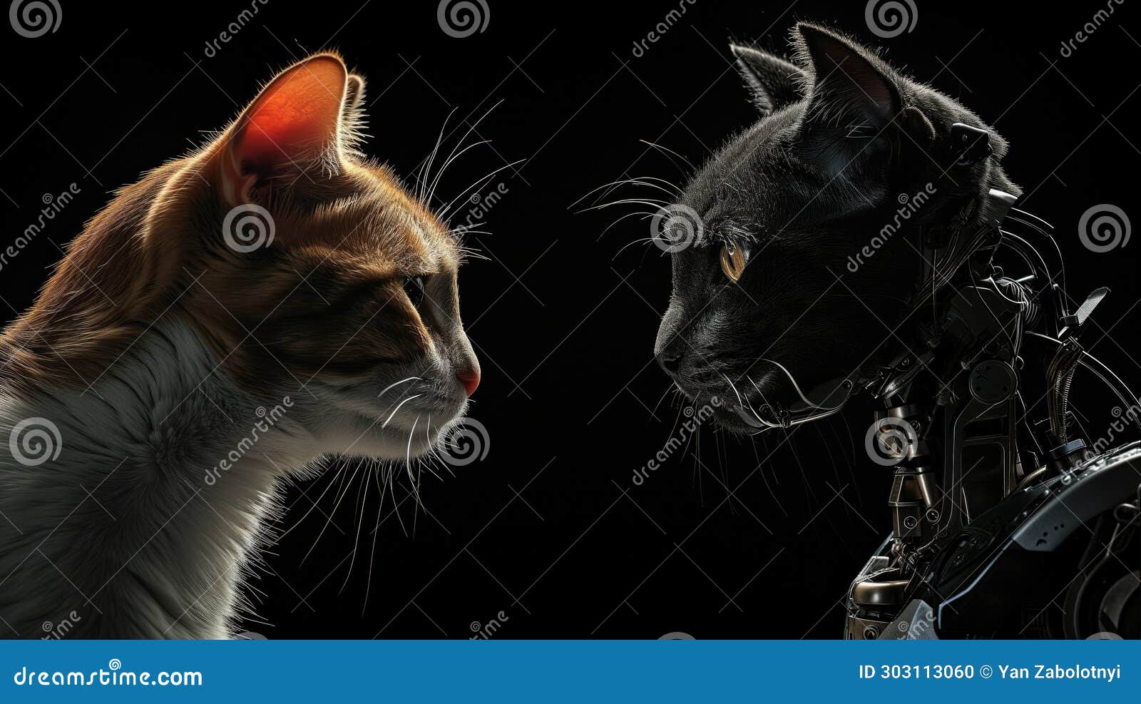 A Cyber Robot Cat and a Common Cat Facing Each Other Stock Illustration ...
