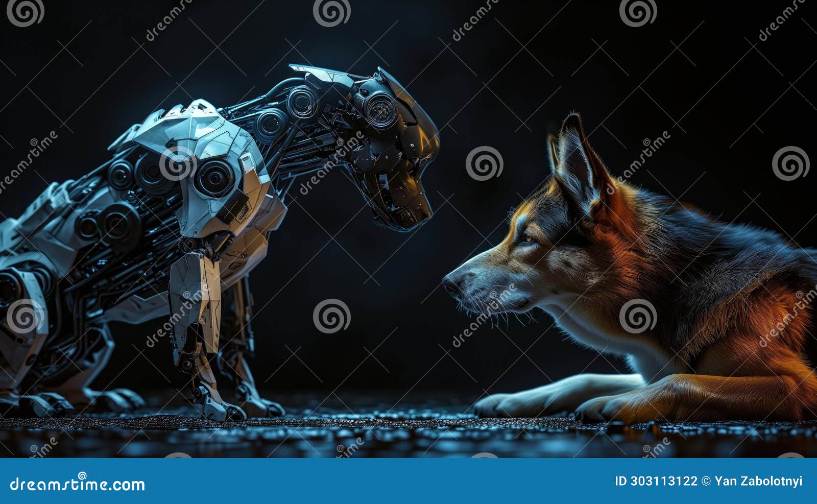 A Cyber Robot Dog and a Regular Dog Confront Each Other Stock ...