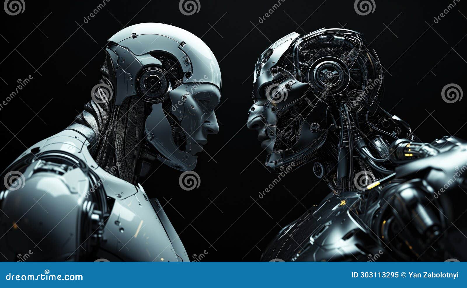 A Cyber Robot Man Mechanic and a Common Man Mechanic Facing Each Other ...