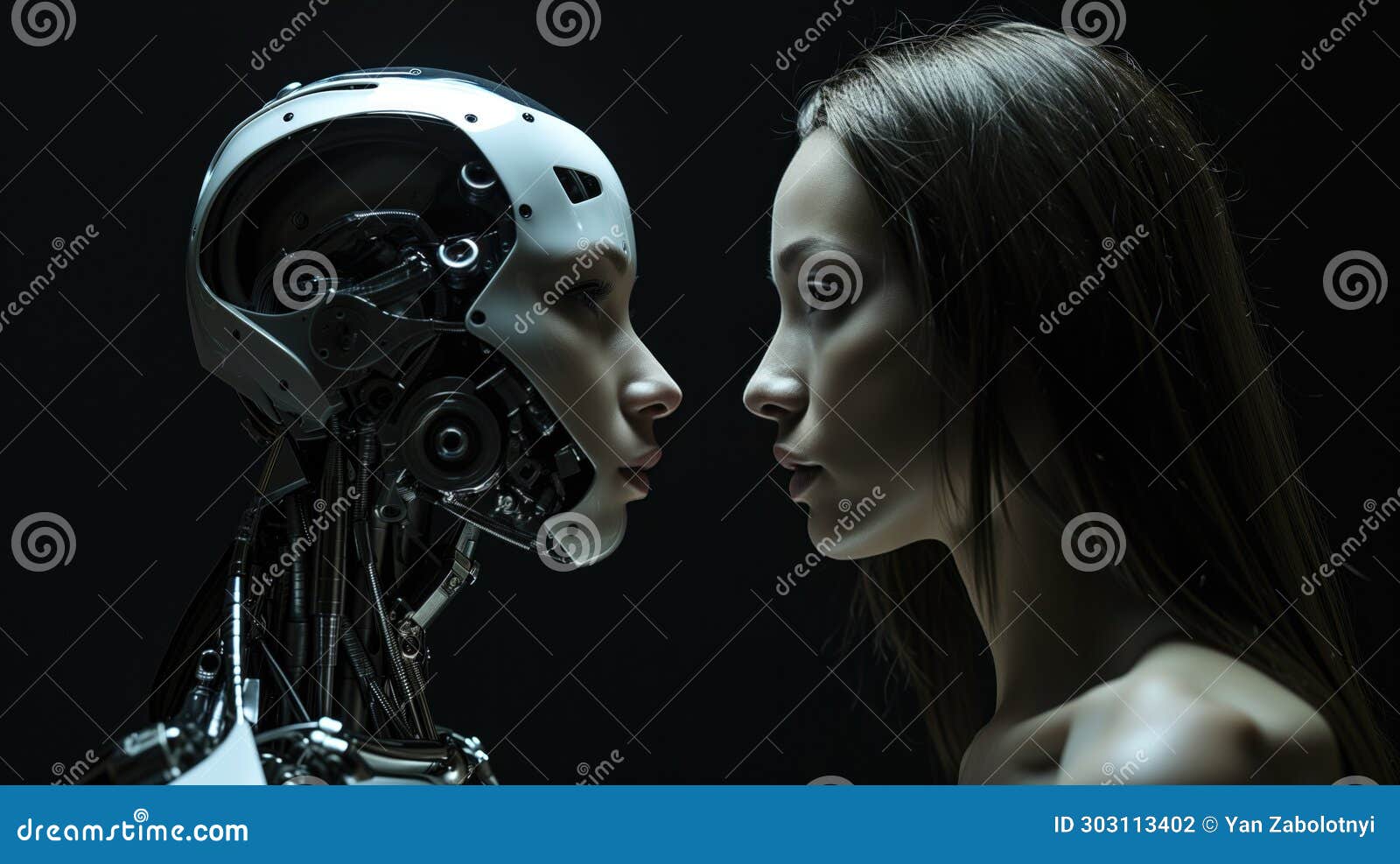 A Cyber Robot Woman Actor and a Common Woman Actor Facing Each Other ...