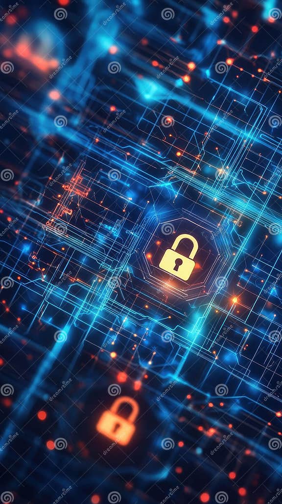 Cyber Security Abstract with Padlock and Glowing Circuit Board Stock ...