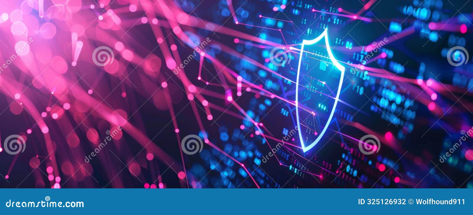 Cyber Security Background Featuring A Glowing Shield Icon Binary Code And Abstract Lines Stock