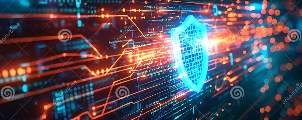 Cyber Security Background Featuring a Glowing Shield Icon, Binary Code, and Abstract Lines Stock ...