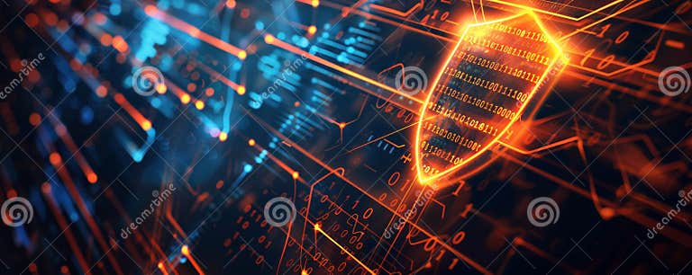 Cyber Security Background Featuring A Glowing Shield Icon Binary Code