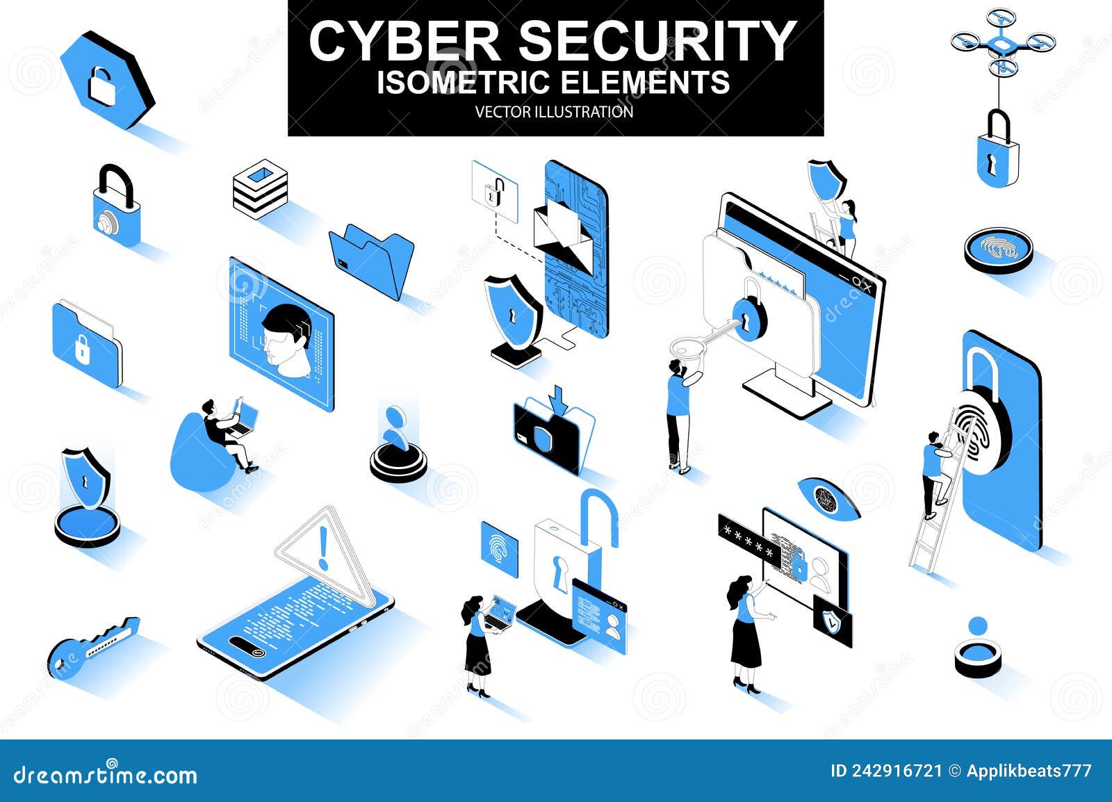 Cyber Security Bundle of Isometric Elements. Fingerprint Scanner ...