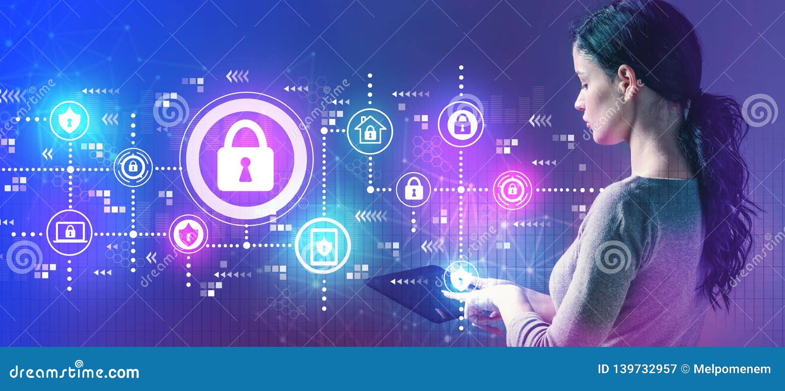 Cyber Security with Woman Using a Tablet Stock Image - Image of online ...