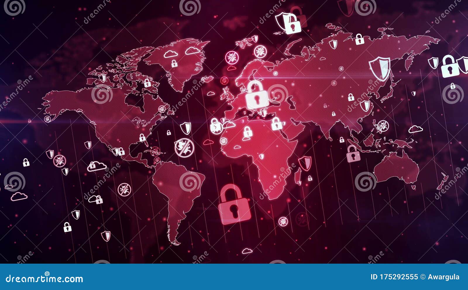 Cyber Security Symbols on Digital World Map Loop and Seamless ...