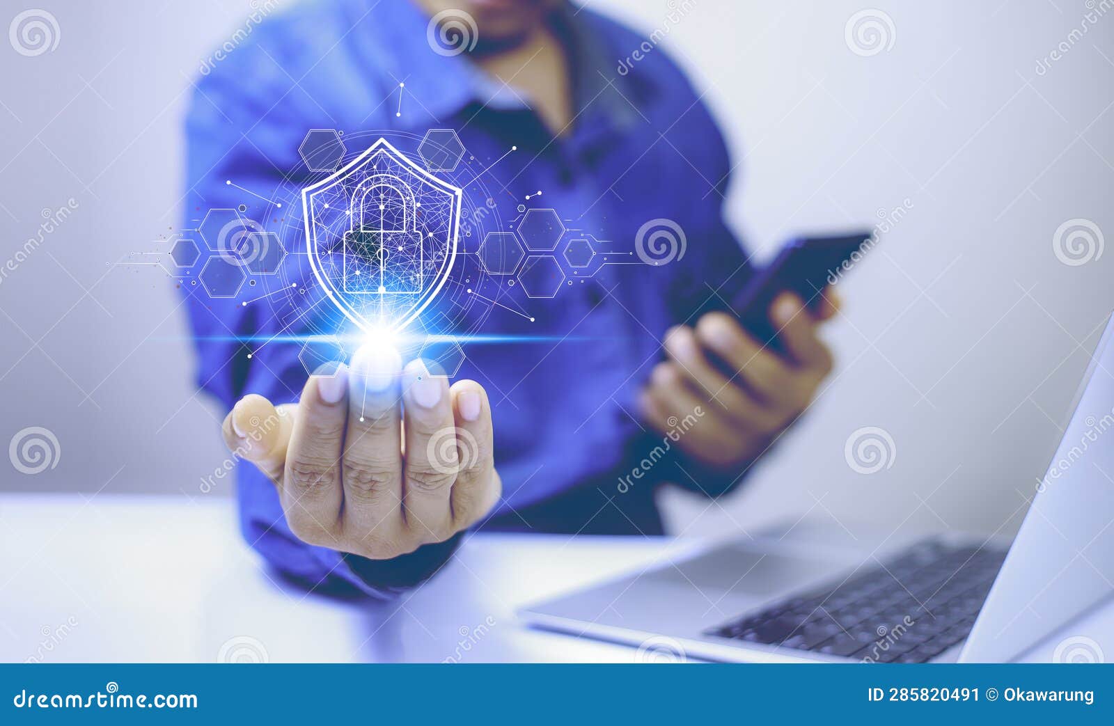 Cyber Security Concept, Businessman Hand Touching Virtual Key Shield ...